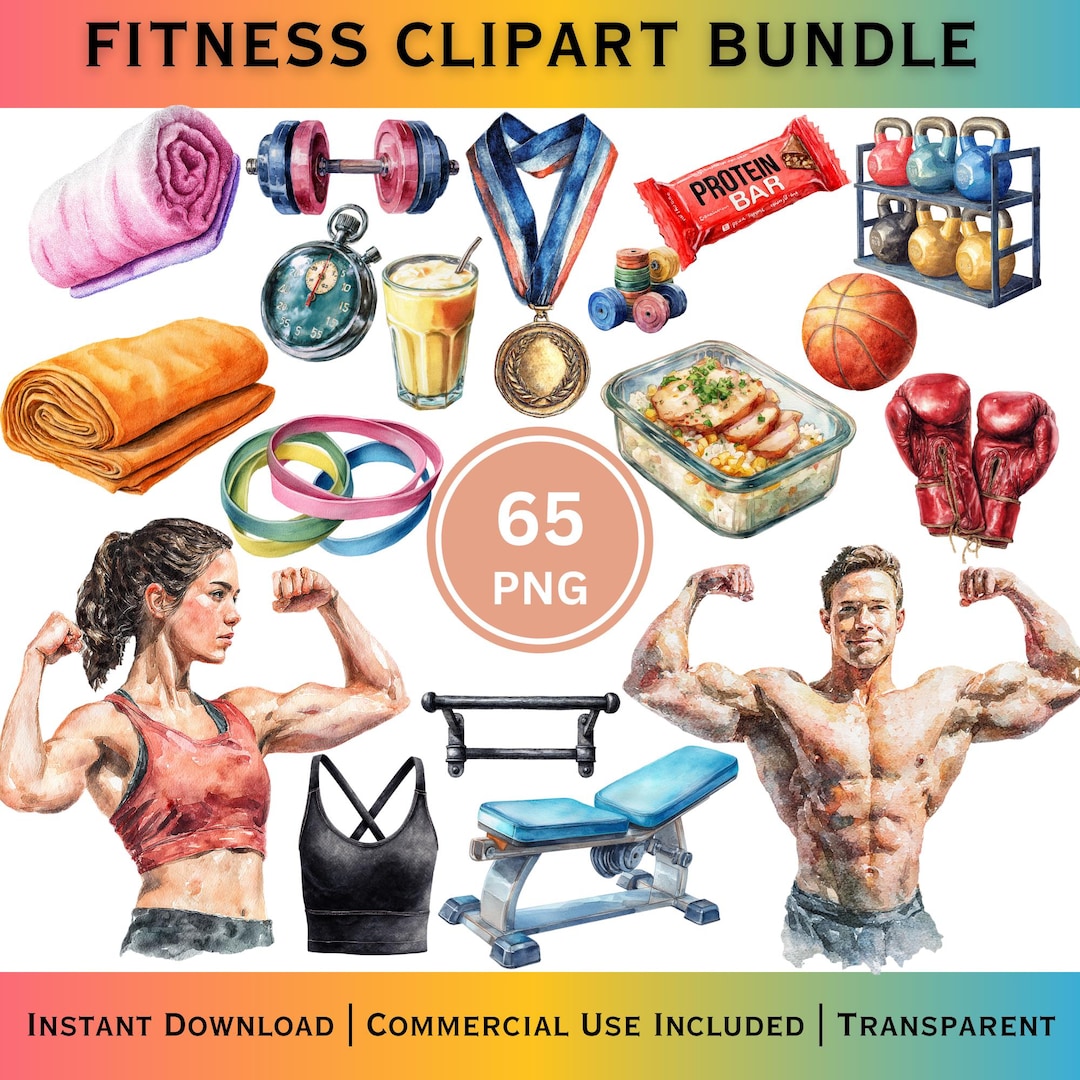 Fitness Clipart Bundle 65 PNG | Gym Workout, Exercise & Wellness Icons ...