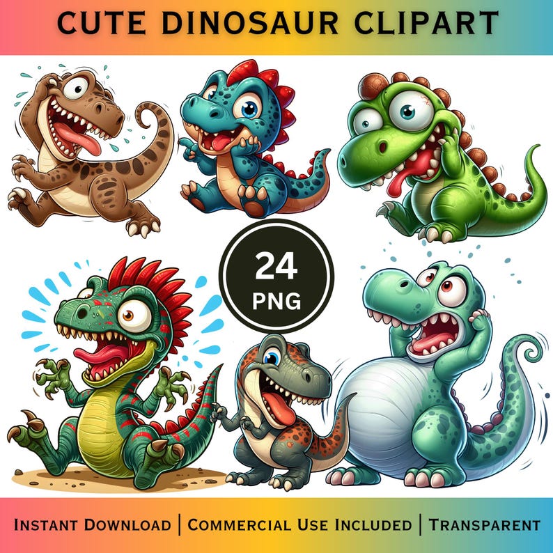 Dino Clipart PNG Bundle, Cartoon Dinosaur Art for Kids (digital ...