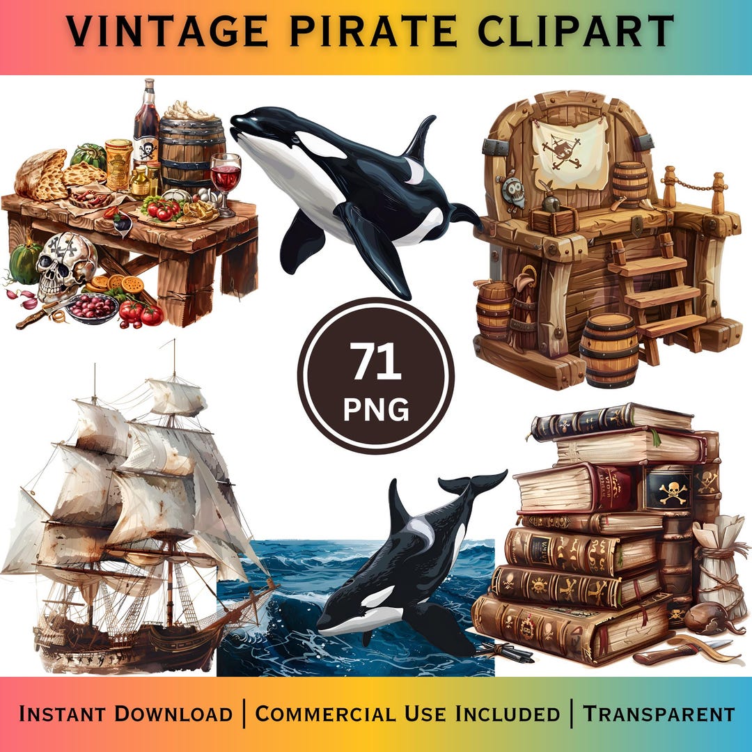Vintage Pirate Clipart Bundle PNG, Pirate Ship Treasure Nautical ...