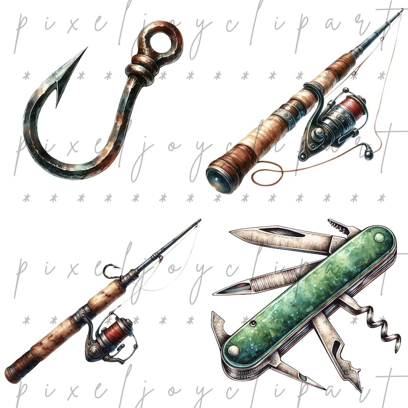 Vintage Fishing Clipart Bundle, Fisherman, Rod, Hook, Camping PNG ...