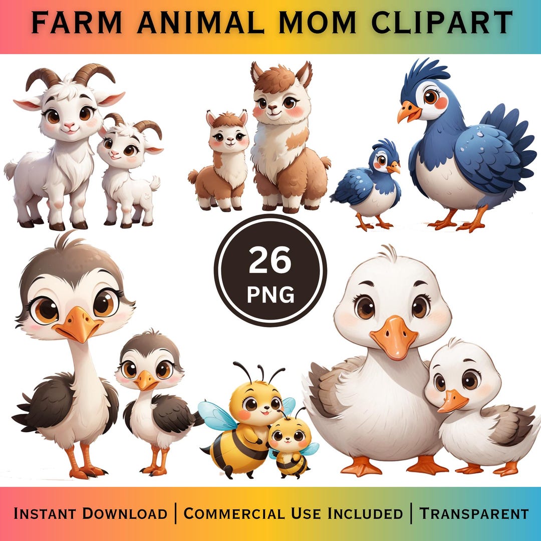 Farm Animal Mom Clipart Bundle PNG, Mothers Day Baby Farm Animals ...