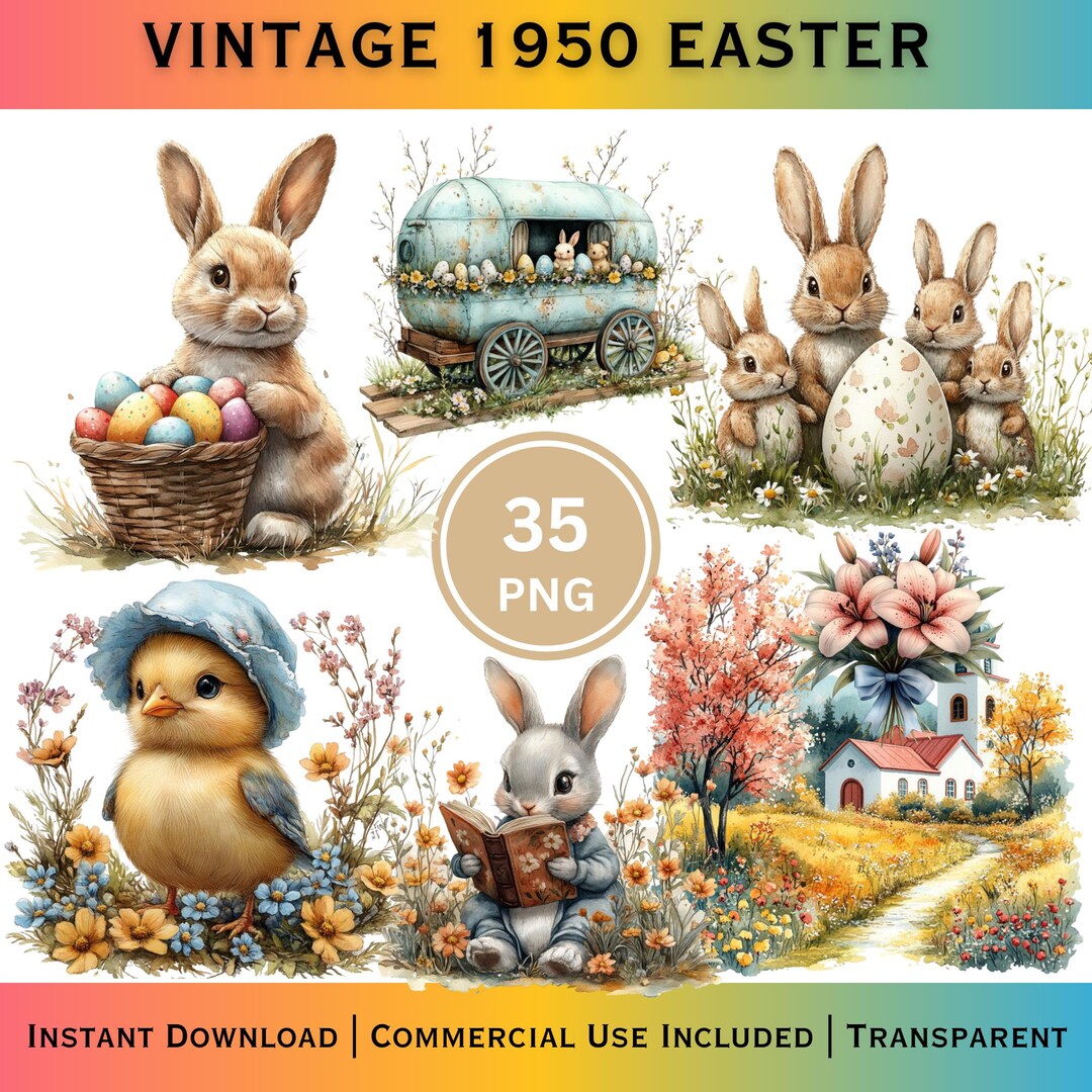 Retro Easter Bunny PNG, Vintage Easter Art Set, Pastel Clipart - Etsy UK