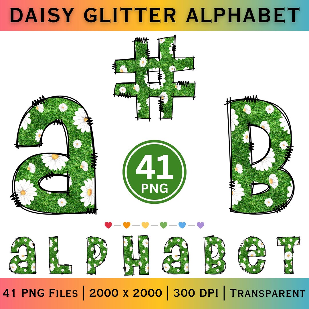 Green Daisy Alphabet PNG | Glitter Floral Alphabets Letters A–Z & 0–9 ...