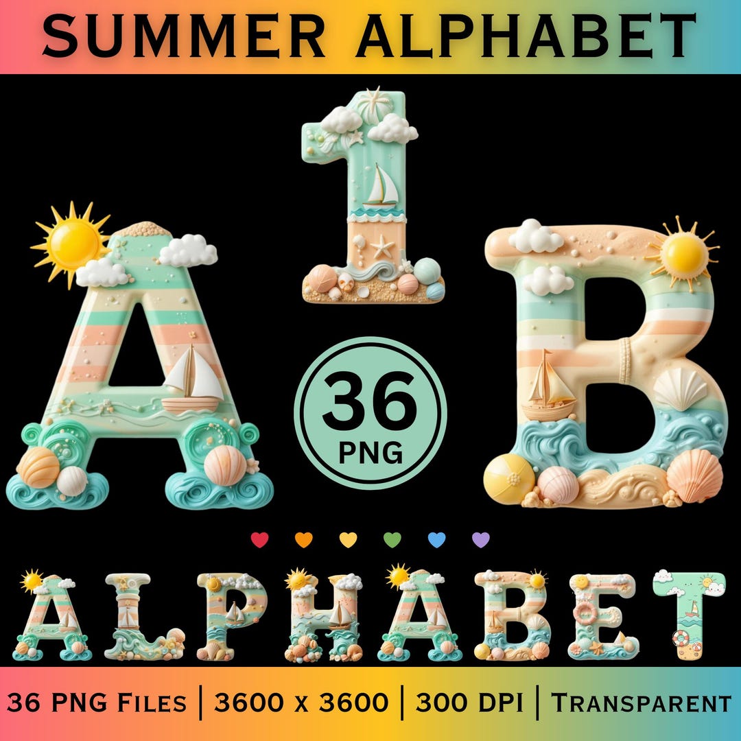 Summer Alphabet Clipart Bundle PNG | Beach Style Letter Graphics | Kids ...