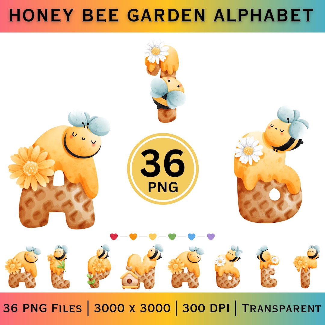 Honey Bee Garden Alphabet and Numbers PNG A to Z 0 to 9 Printable ...