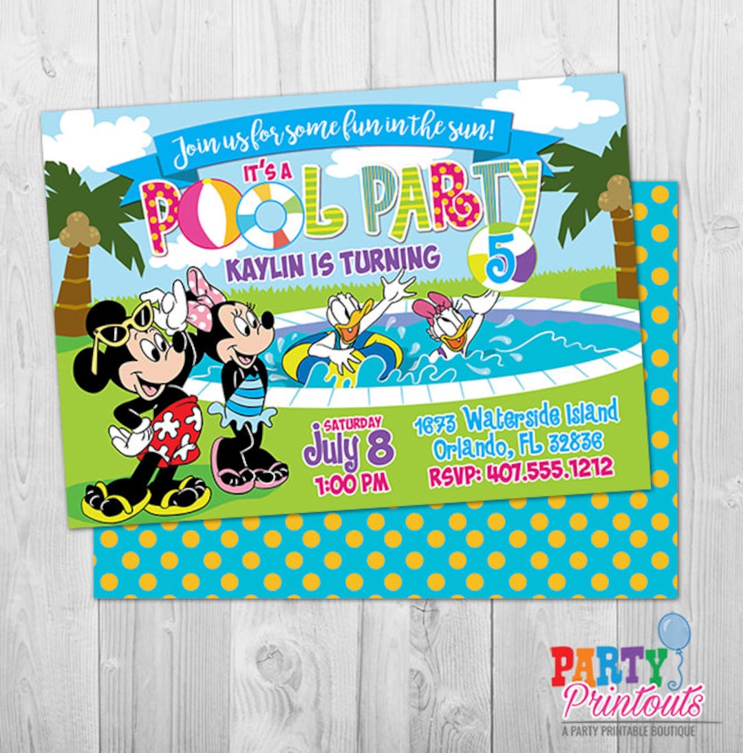 Mickey Pool Party Invitation, Mickey and Minnie Mouse Pool Party ...