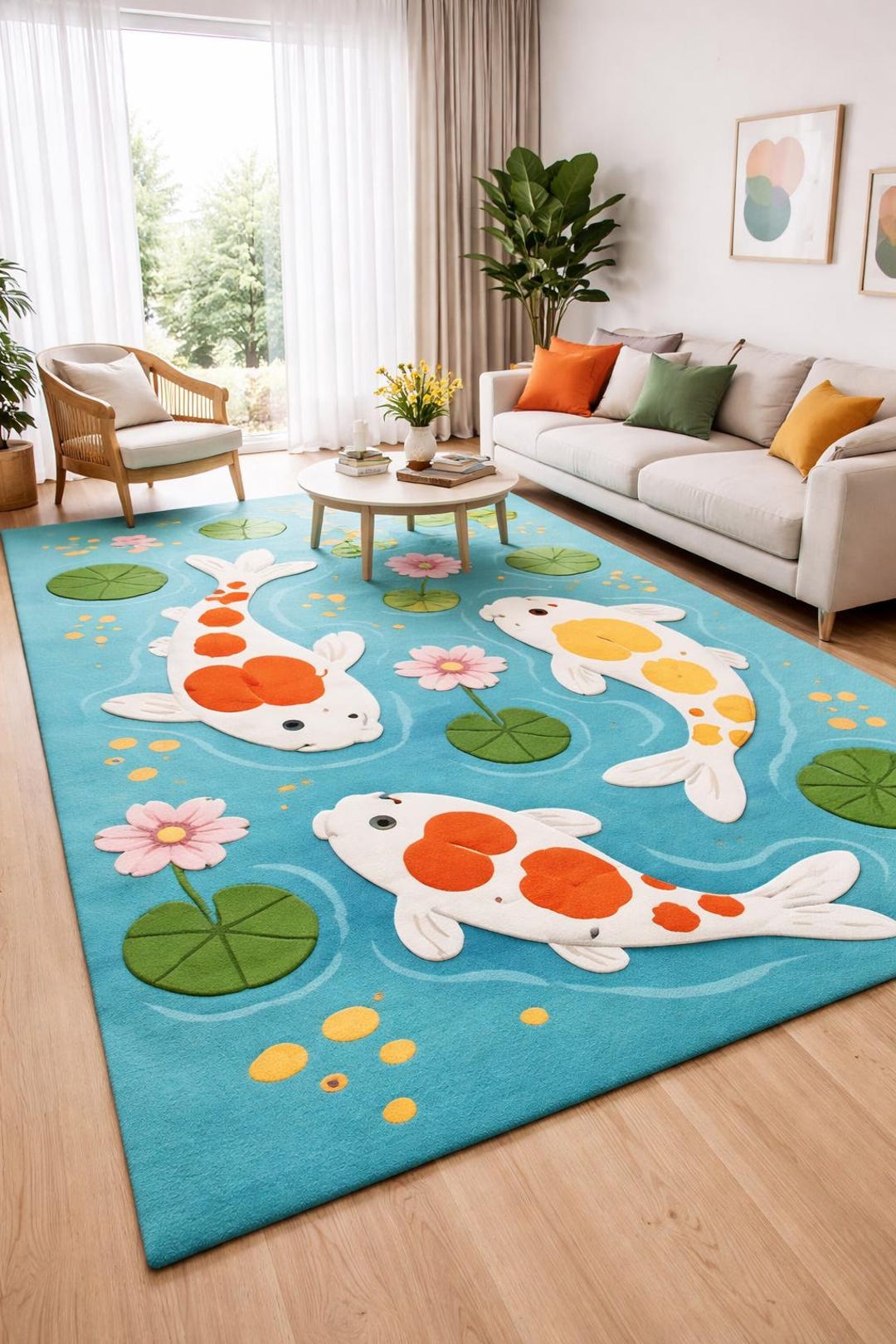 3D Sculpted Koi Pond Wool Rug – Aqua Fish Lily Pad Textured Area Carpet ...