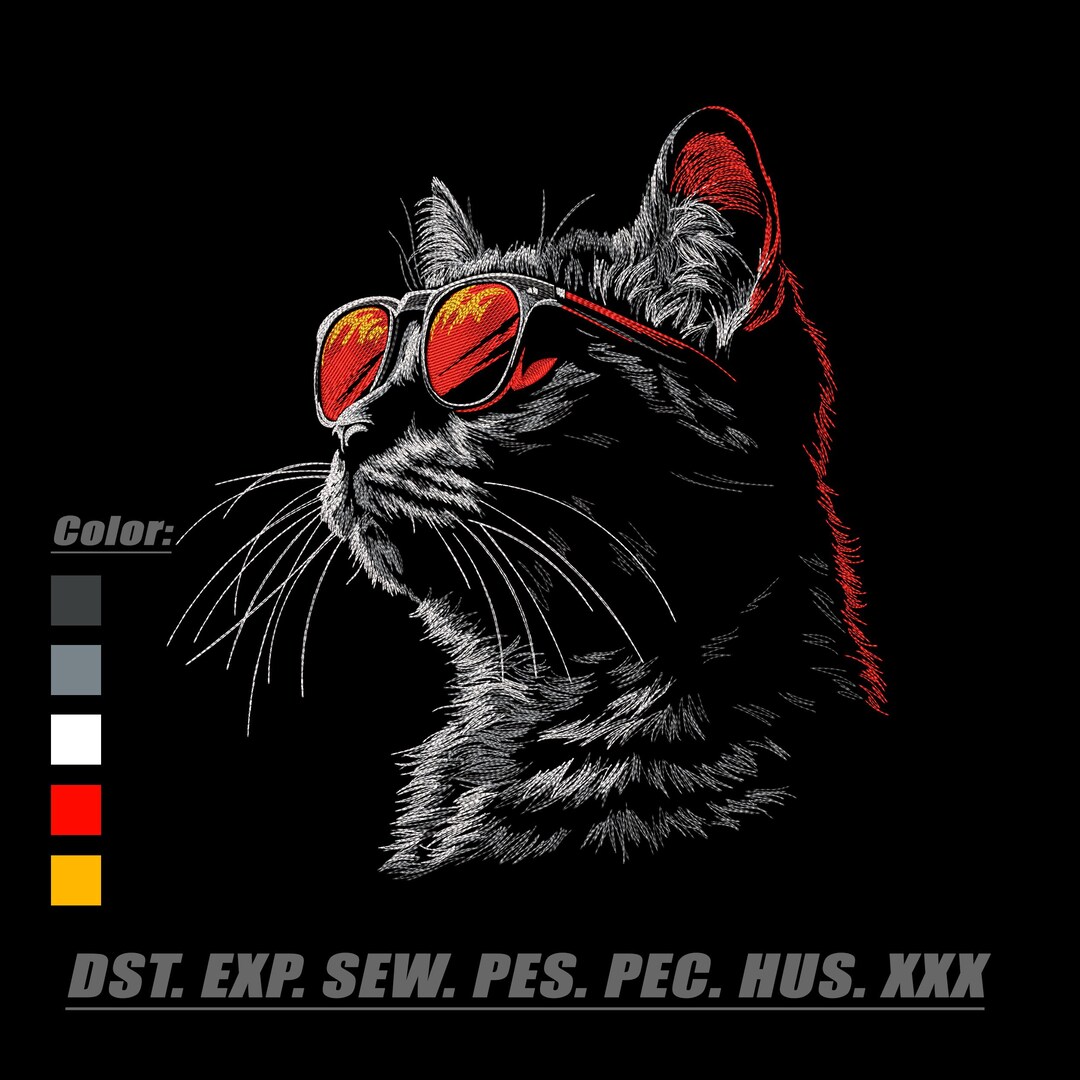 Retro Cat Embroidery Design, Black Feline With Sunglasses Stitch File ...