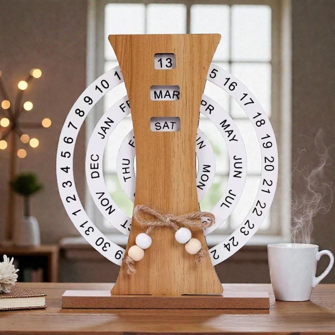 Vintage Wooden Perpetual Calendar Rotating Desk Decor – Month Week Date ...