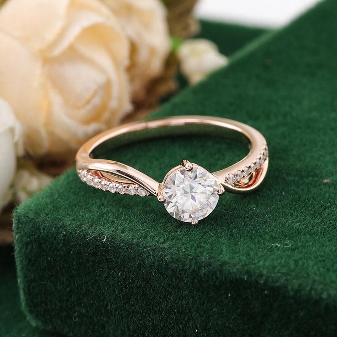 Round Moissanite Engagement Ring 14K Rose Gold, Twisted Pave Band ...
