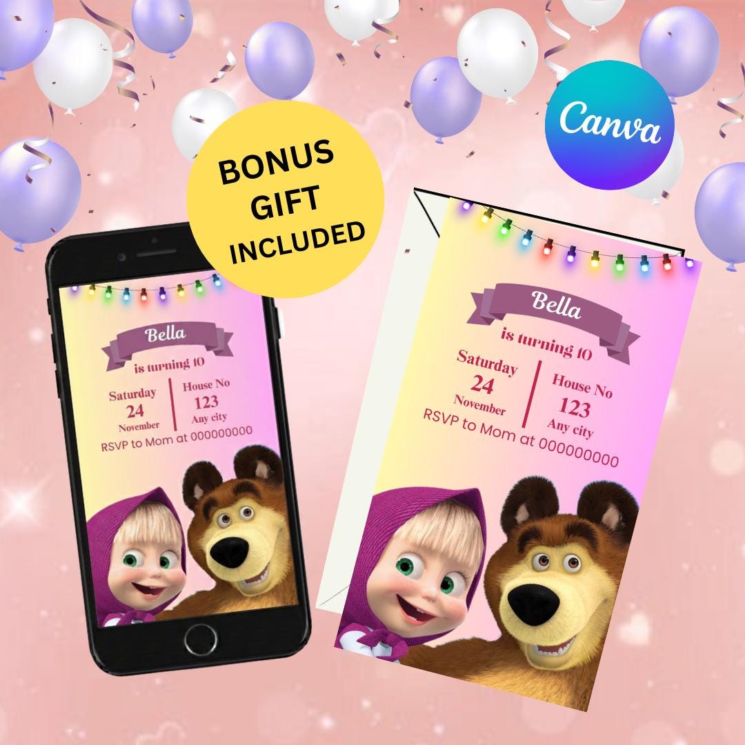 Masha and the Bear Birthday Invitation Template | Editable Kids Party ...