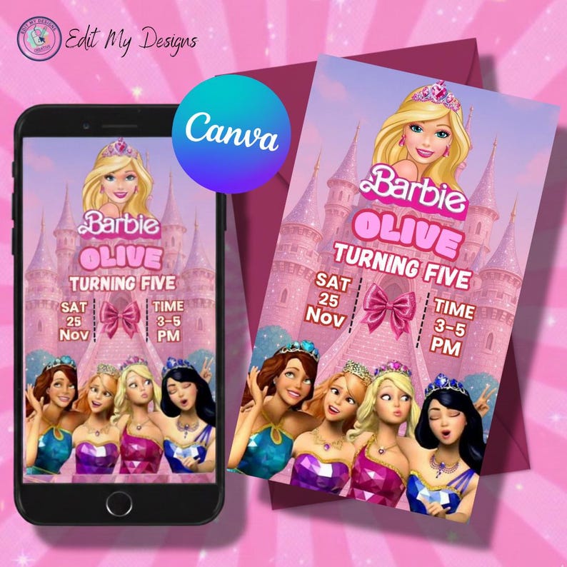 Pink Barbie Birthday Invitation, Princess Theme, Editable Canva ...