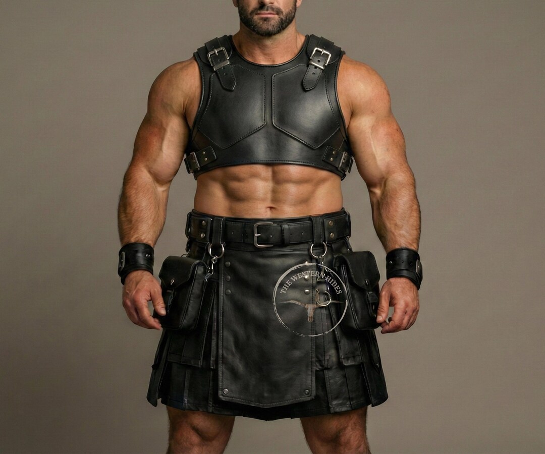 Men’s Black Genuine Leather Kilt & Harness Set - Handmade Gladiator ...