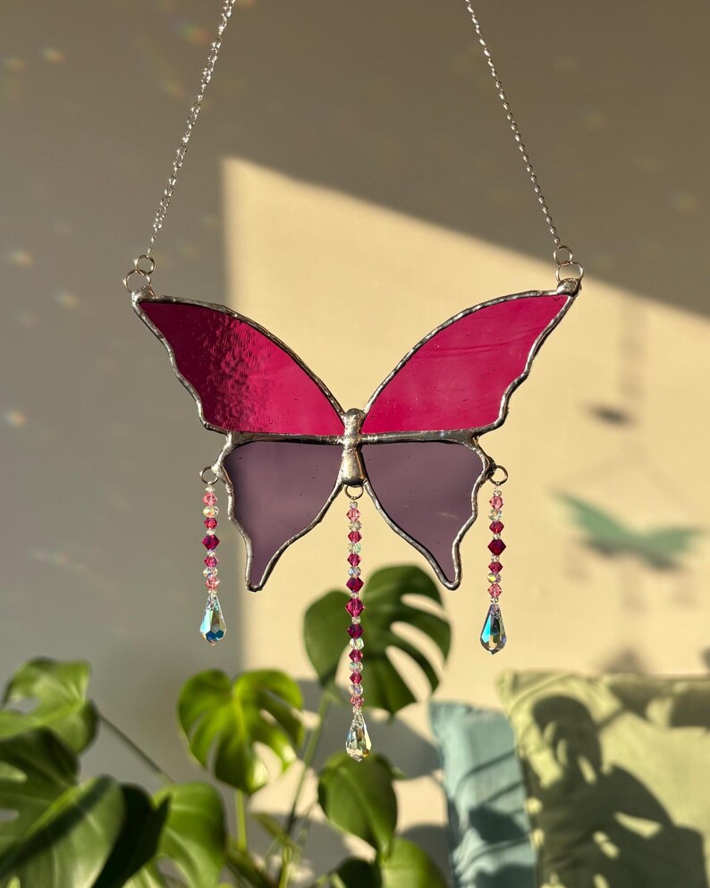 Stained Glass Butterfly Suncatcher, Crystal Bead Cascade, Hot Pink ...
