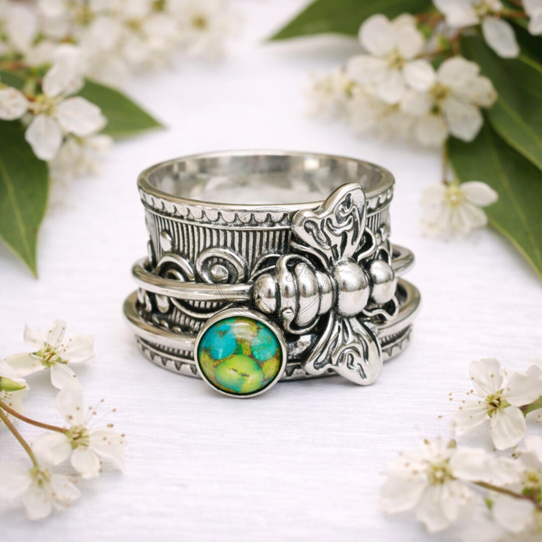 Peacock Turquoise Spinner Ring, Boho Honey Bee, Sterling Silver - Etsy