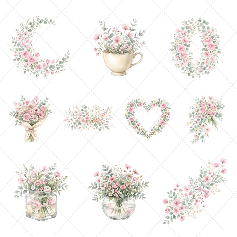 Soft Floral Watercolor Clipart Bundle PNG, Blush Pink Roses Wildflowers ...