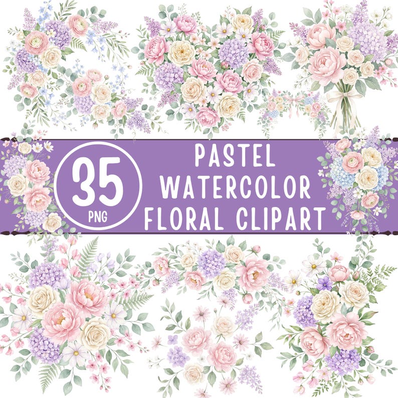 Pastel Watercolor Floral Clipart Bundle – Pink Lavender Flower PNG for ...