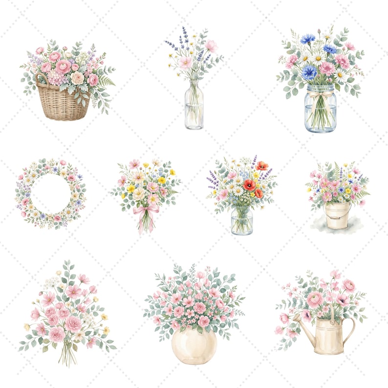 Soft Floral Watercolor Clipart Bundle PNG, Blush Pink Roses Wildflowers ...