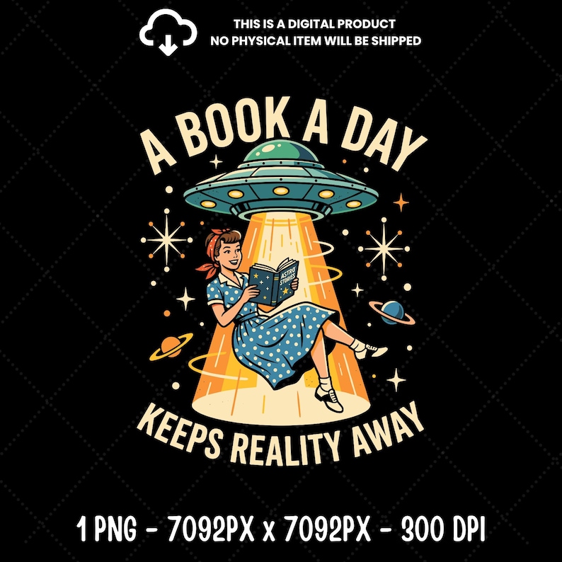 Retro Alien Reading PNG, Book Lover Sublimation Design, Vintage UFO ...