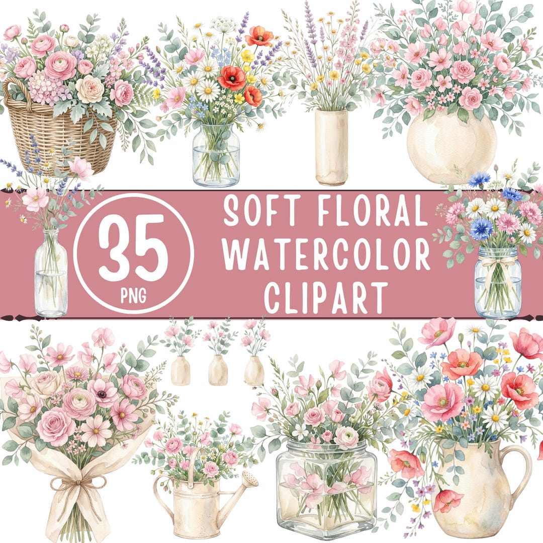 Soft Floral Watercolor Clipart Bundle PNG, Blush Pink Roses Wildflowers ...