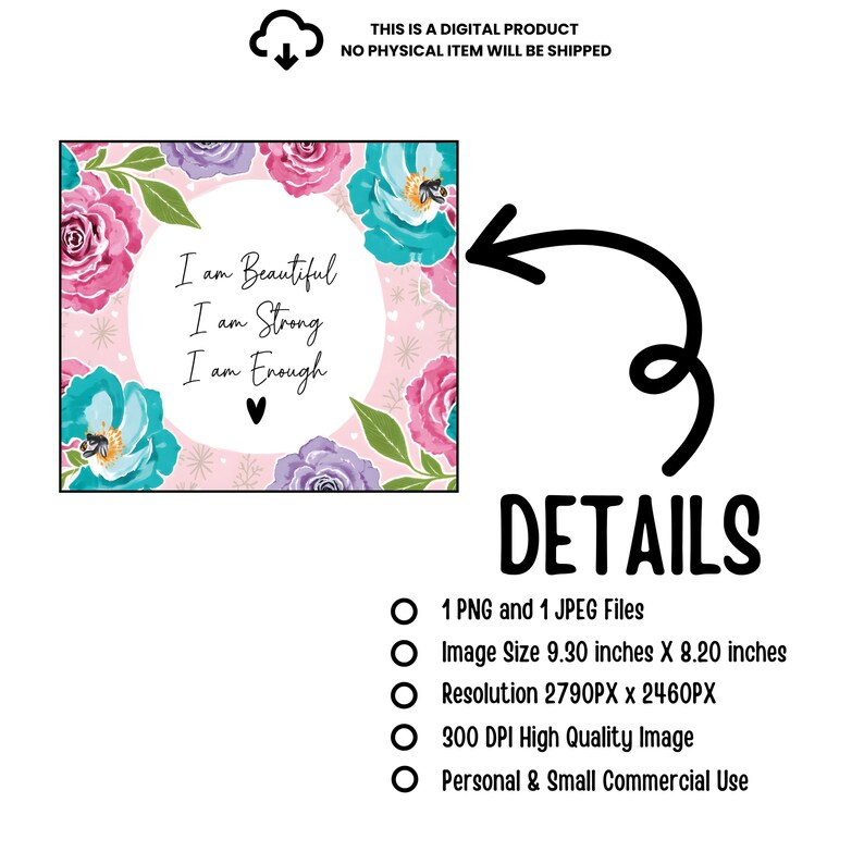 Floral Affirmation Quote 20oz Skinny Tumbler Wrap PNG - Sublimation ...
