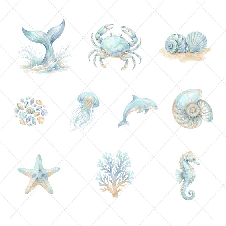 Watercolor Ocean Animal Clipart Bundle - Coastal Sea Life PNG Set ...