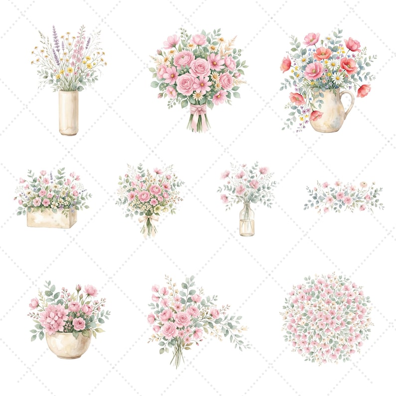 Soft Floral Watercolor Clipart Bundle PNG, Blush Pink Roses Wildflowers ...