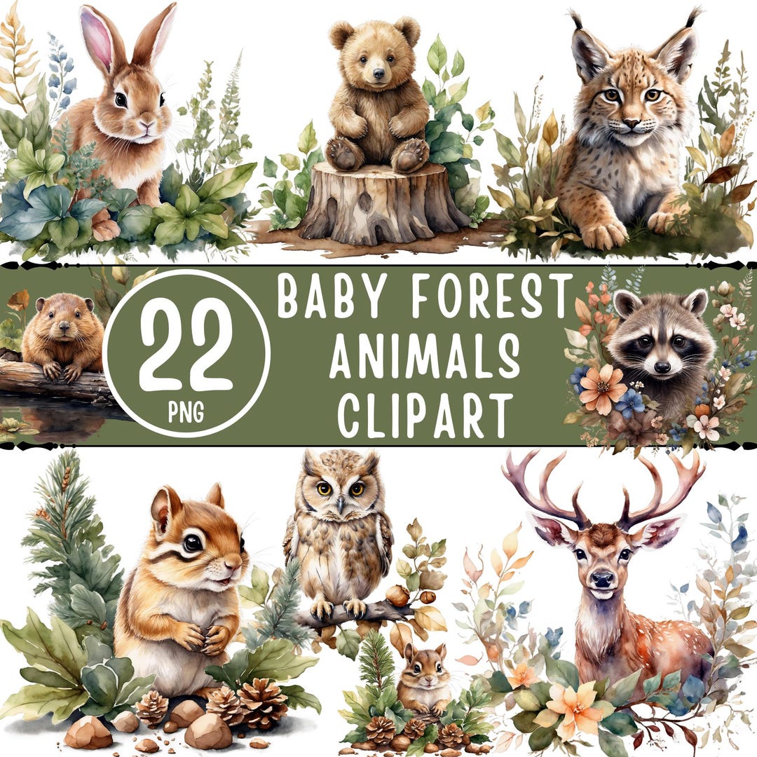 Watercolor Baby Forest Animals Clipart Bundle - Woodland Nursery PNG ...