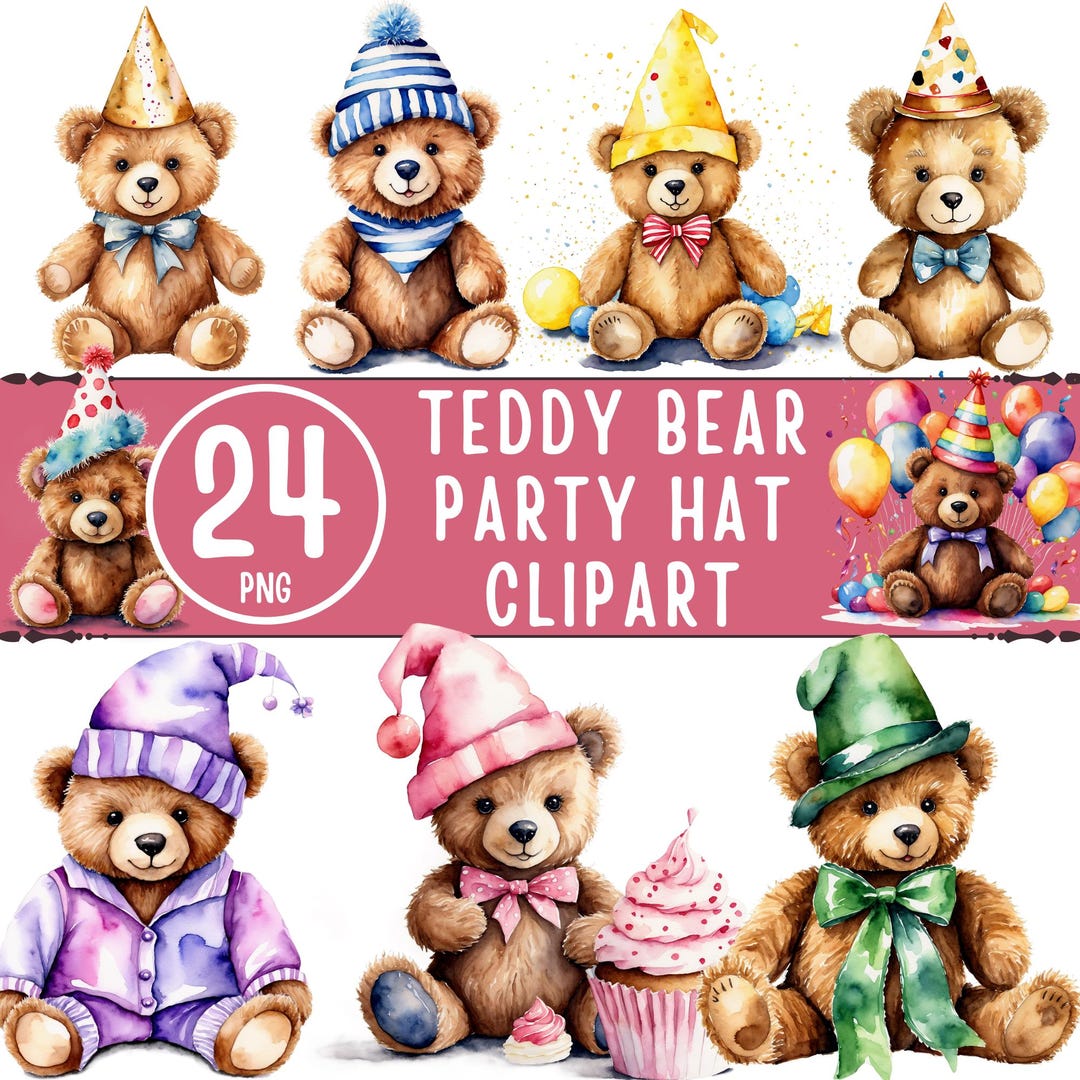 Teddy Bear Party Hat Clipart PNG – 24 Watercolor Teddy Bears With ...