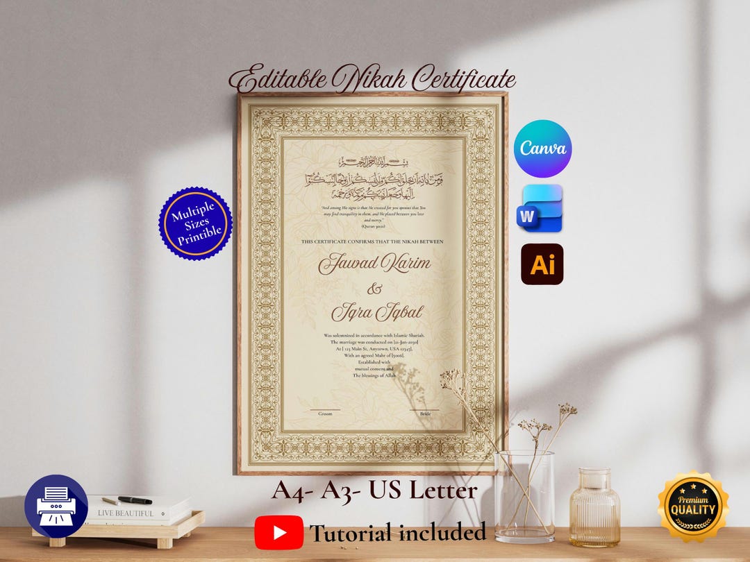 Islamic Wedding Nikkah Certificate Template | Editable Canva, MS Word ...