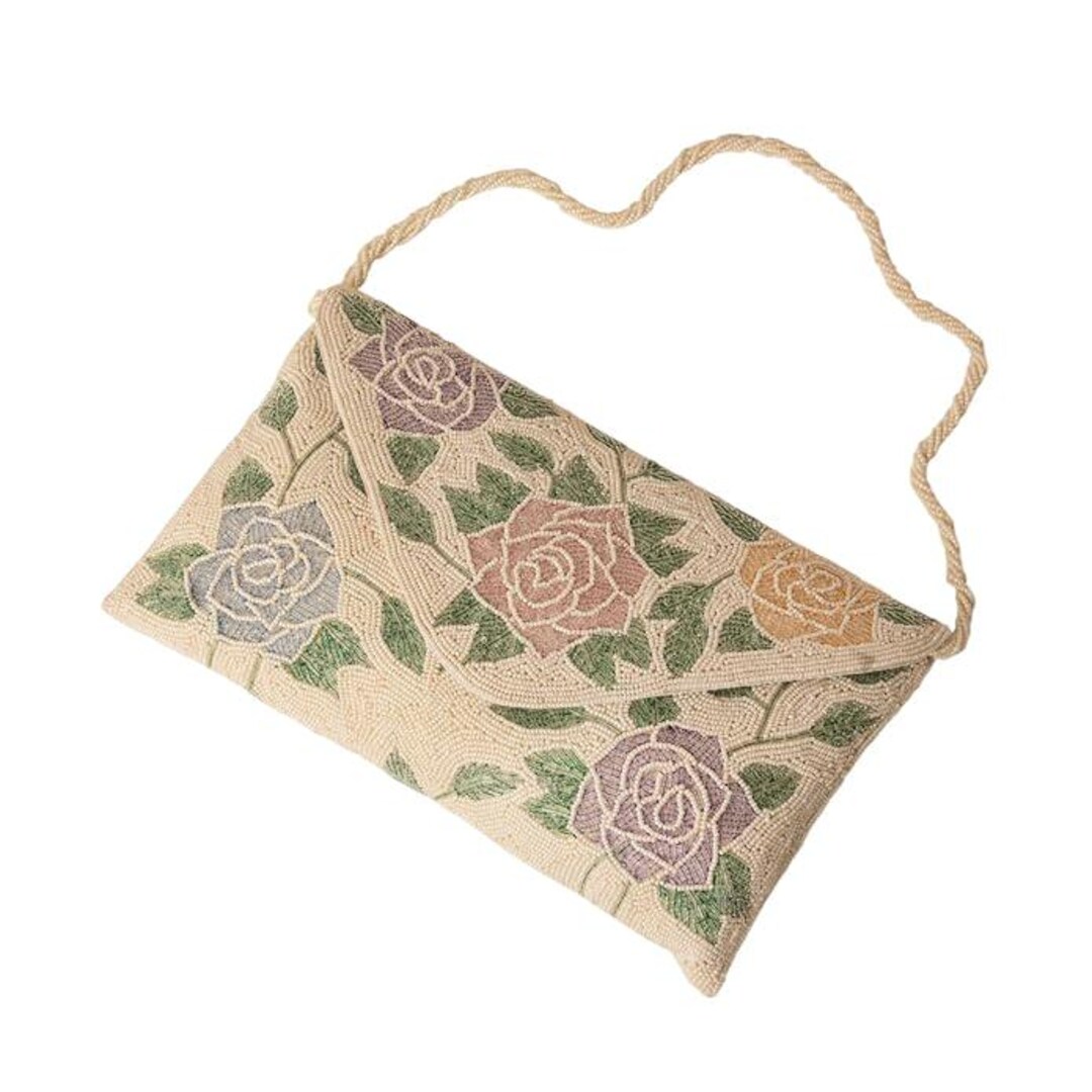 Off-white Pearl Embroidered Flower Flap Clutch – Handmade Moti Handle ...