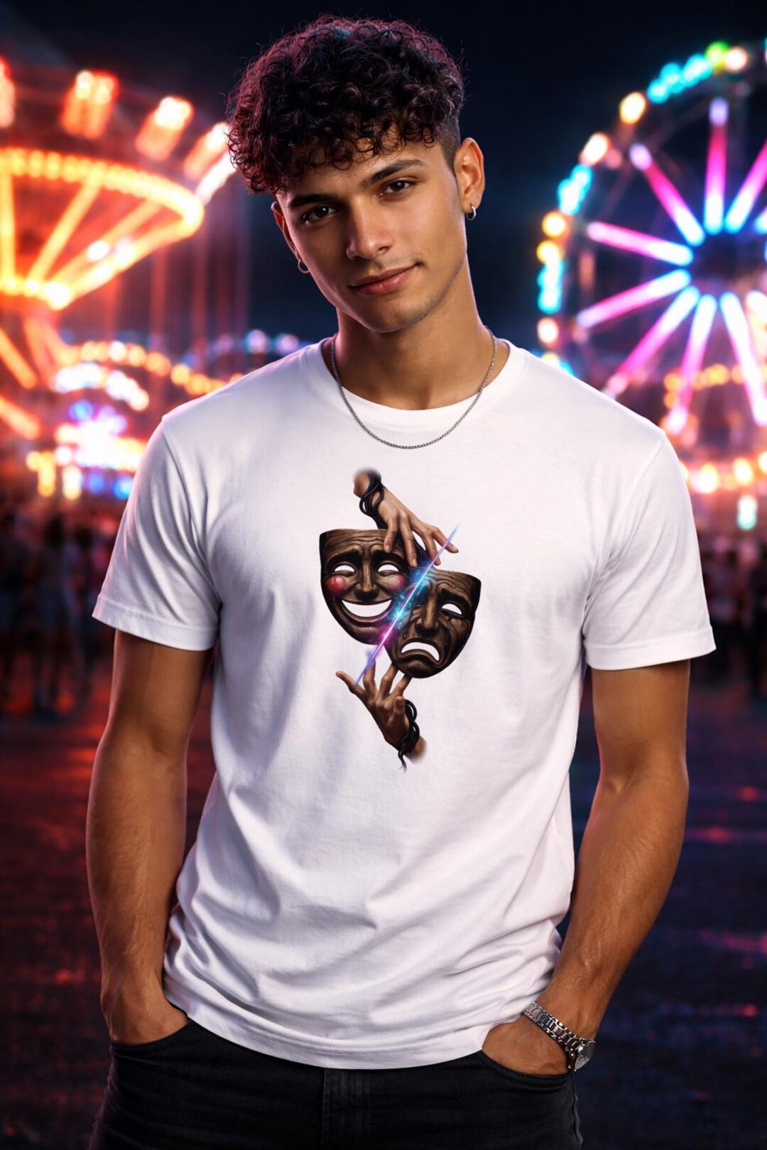 Comedy Tragedy Theater Masks T-shirt, Drama Graphic Tee, Colorful Art ...