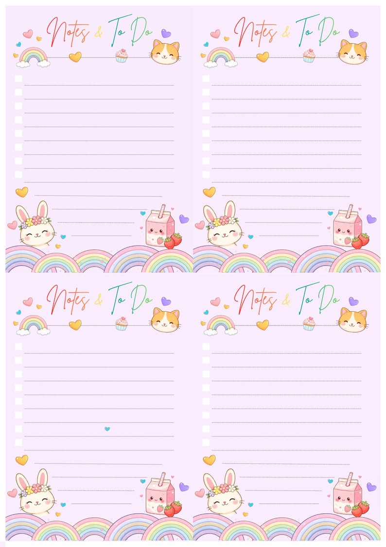 Kawaii Notes & To-do List | A4 Printable PDF + PNG | Pastel Rainbow ...