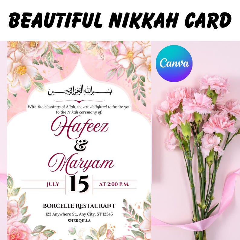 Editable Islamic Nikkah Invitation Template | Luxury Floral Muslim ...