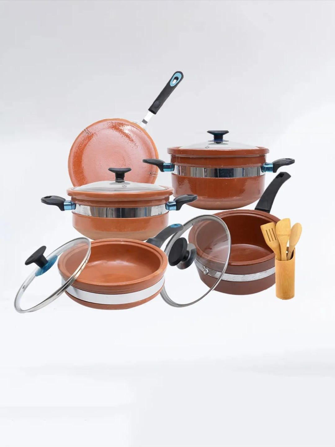 Rustic Clay Cookware Set, Nonstick Ceramic Coated Pots and Pans, Wooden ...
