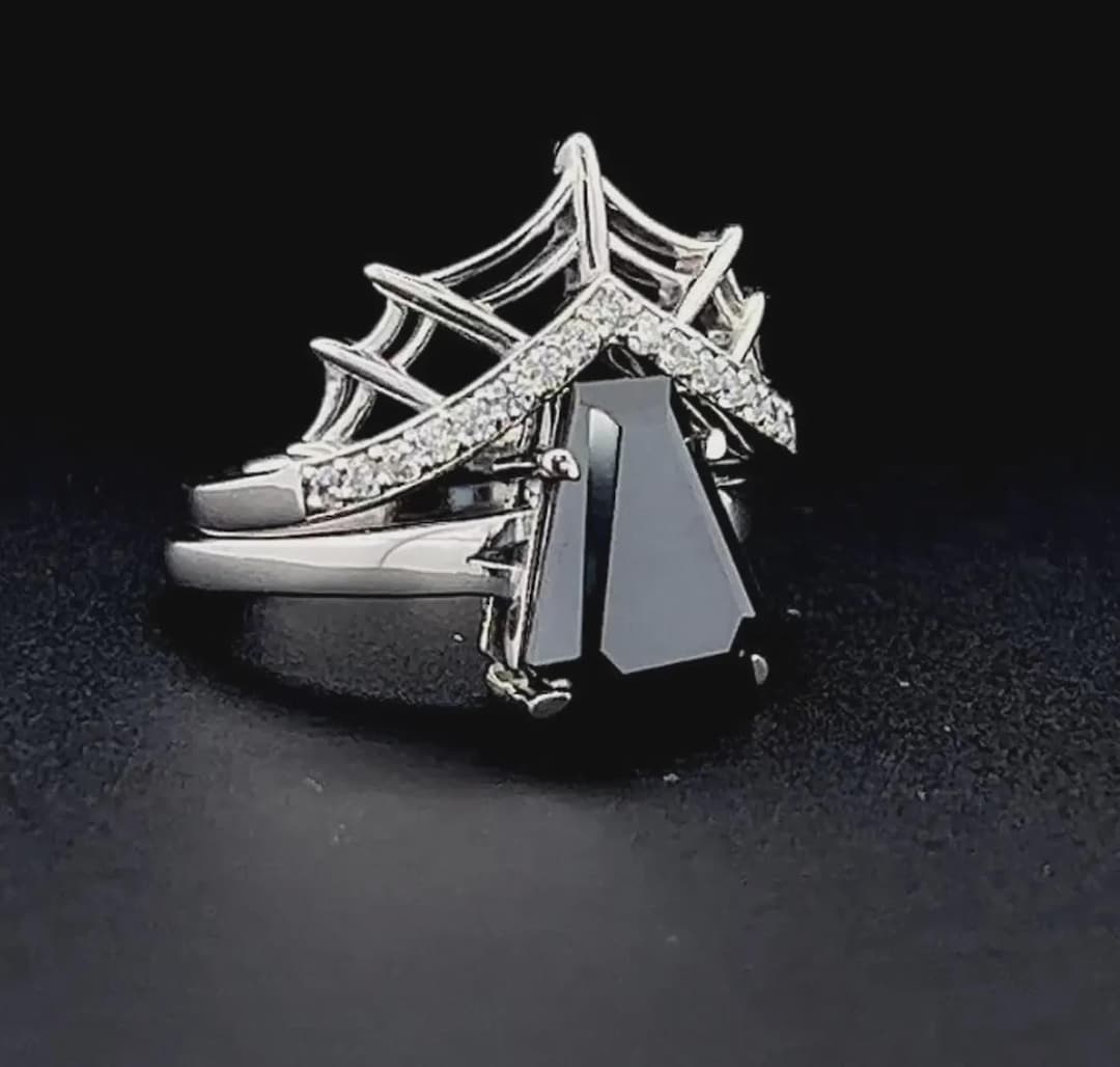 Gothic Coffin Cut Black Onyx Ring Set, Spider Web Band, Alternative ...