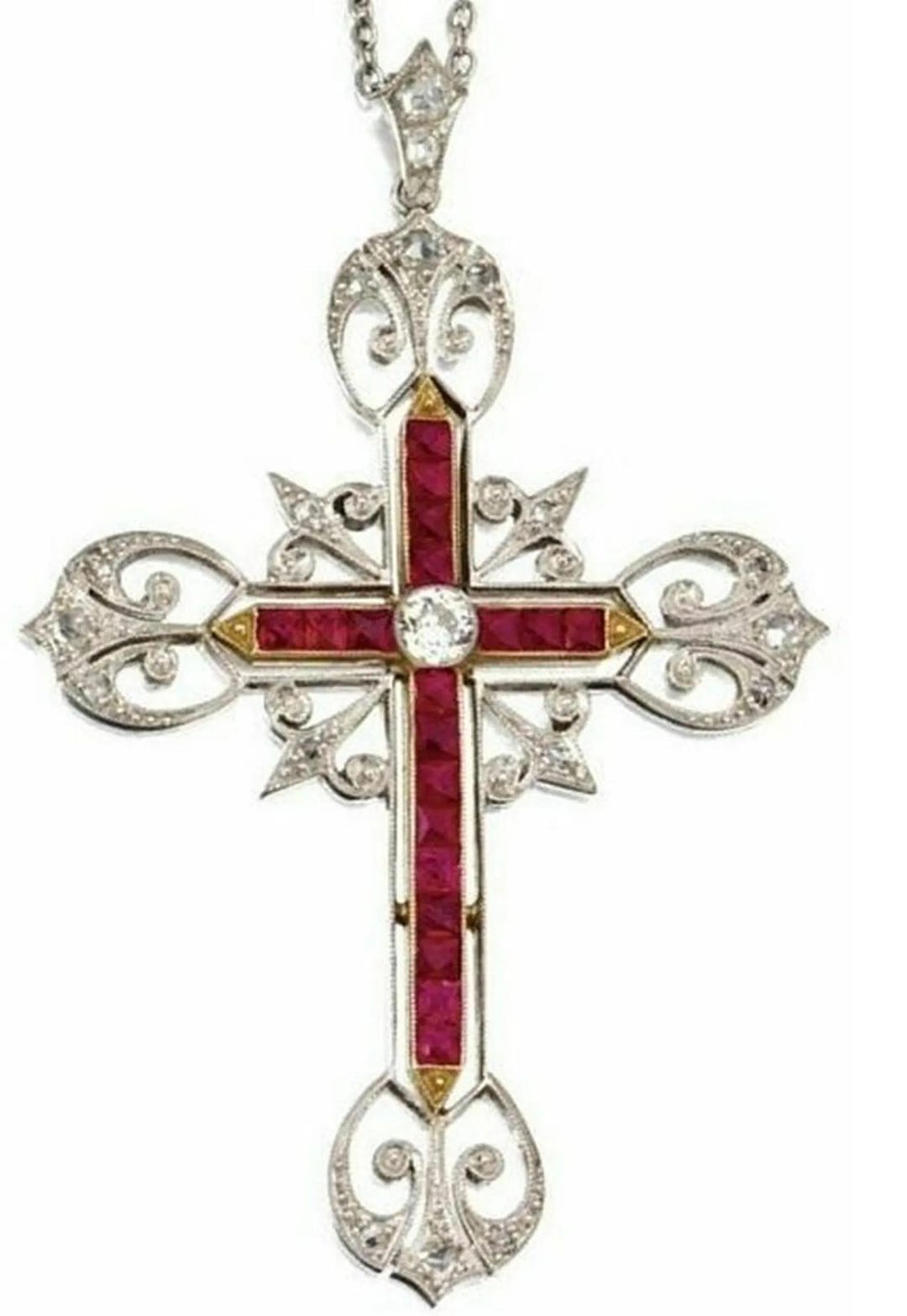 Art Deco Ruby Cross Pendant, 14k White Gold Filigree Diamond Crucifix ...