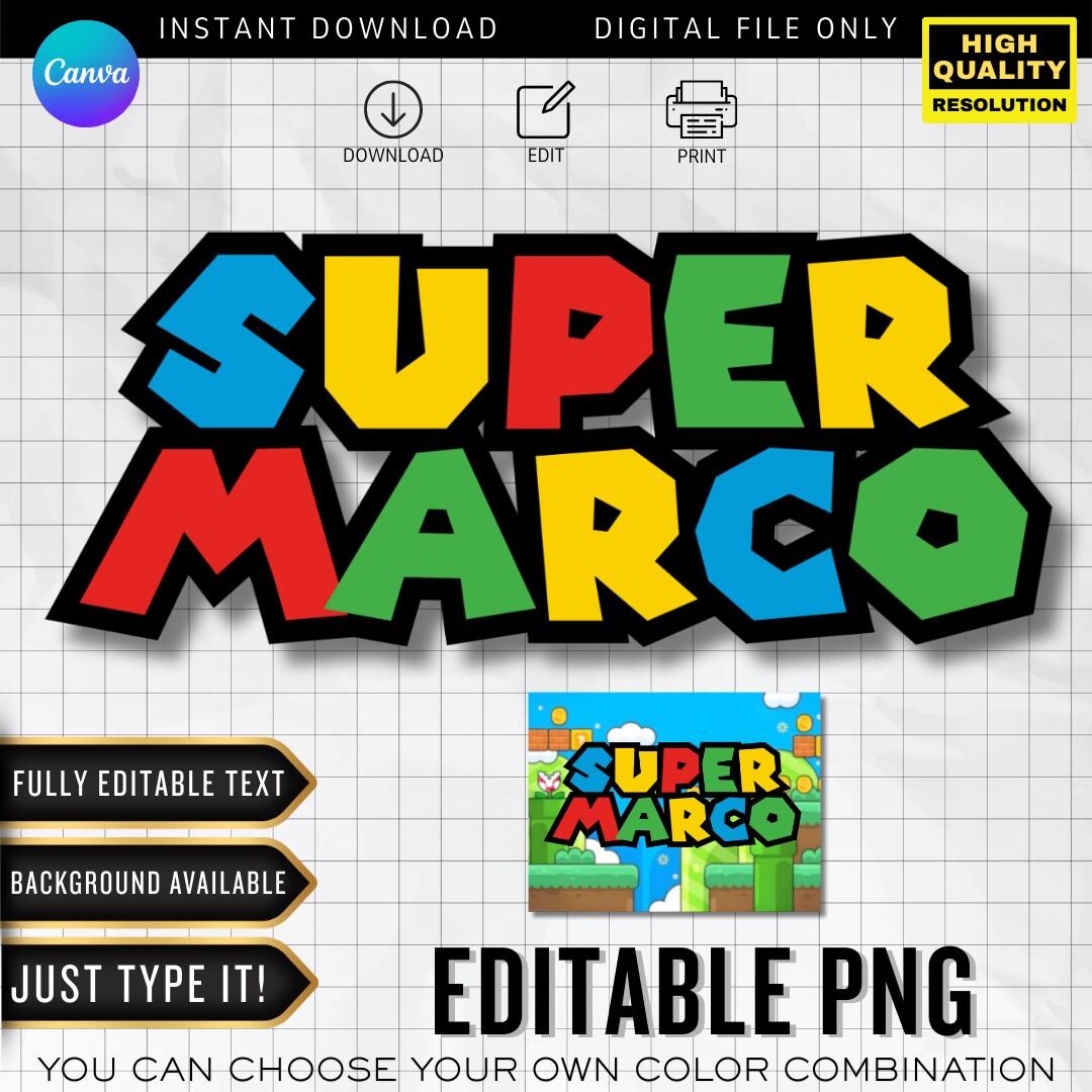 Super Mario Editable Logo | Custom Font | Personalized PNG | Birthday ...