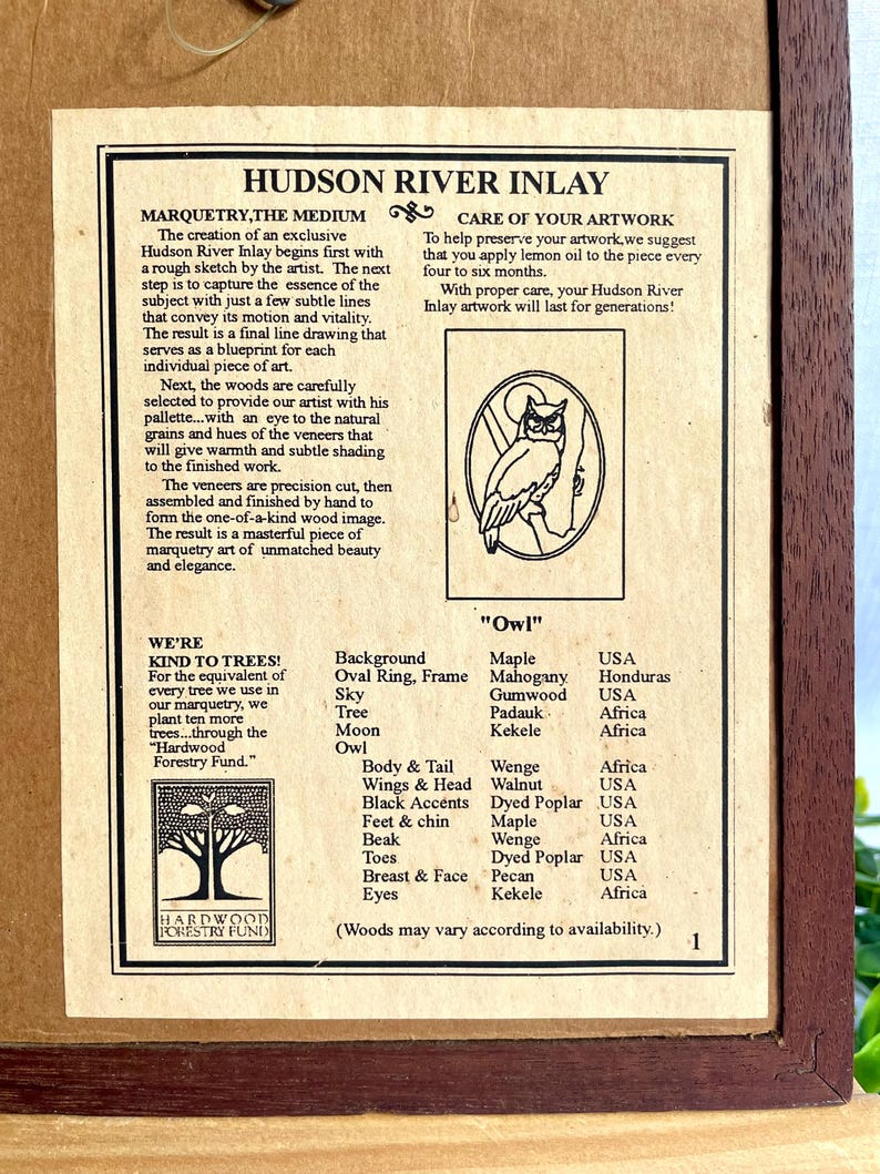 Owl Inlaid Wood Marquetry Artist Signed Jeff Nelson Vintage 1980's ...