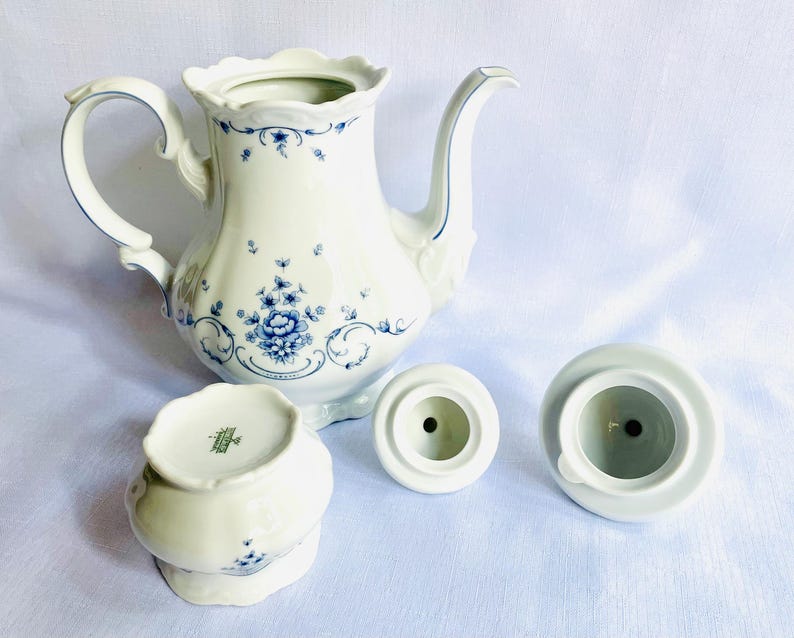 Elegant Bavarian Coffee or Teapot and Sugar Bowl Set, Blue Floral ...