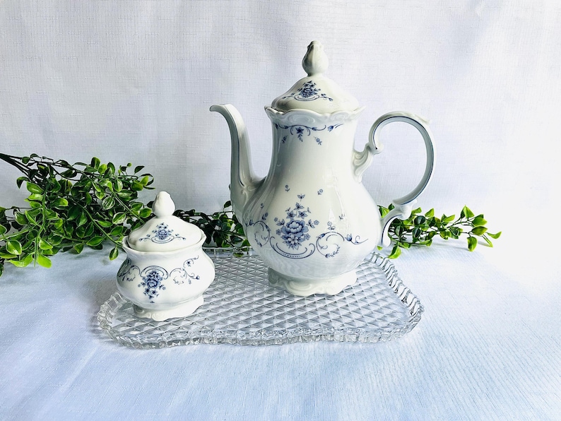 Elegant Bavarian Coffee or Teapot and Sugar Bowl Set, Blue Floral ...