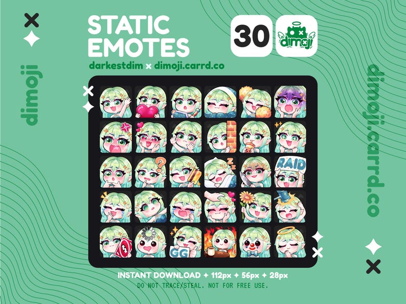 STATIC Chibi Elf Emotes | Green Hair/eyes | Emote Pack (PNG Download ...