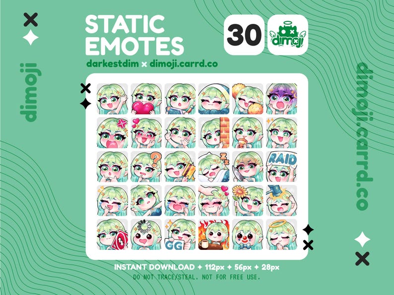 STATIC Chibi Elf Emotes | Green Hair/eyes | Emote Pack (PNG Download ...