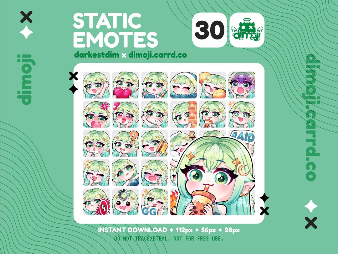 STATIC Chibi Elf Emotes | Green Hair/eyes | Emote Pack (PNG Download ...