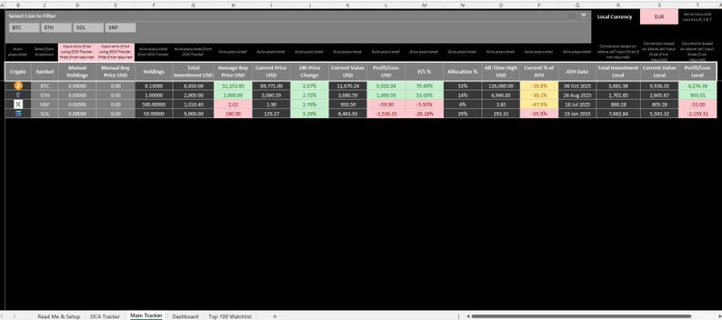 Crypto DCA Portfolio Tracker | Live Prices | Simple Excel Investment ...