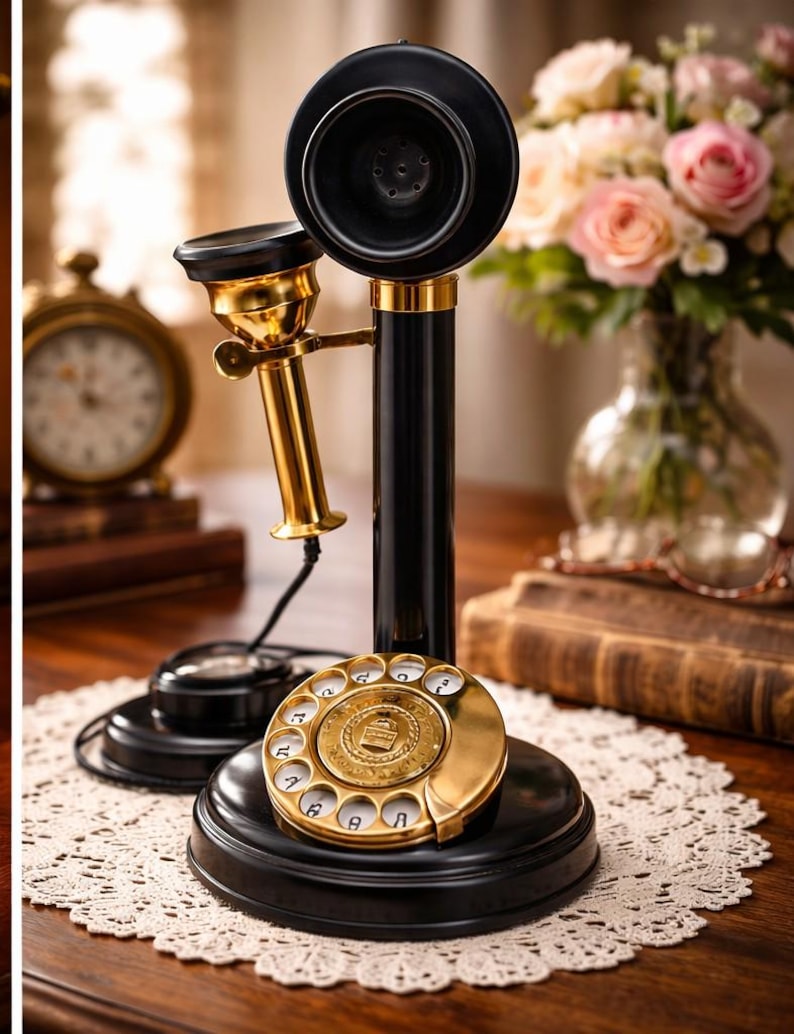 Vintage Candlestick Telephone – Black & Brass Antique Style Rotary ...