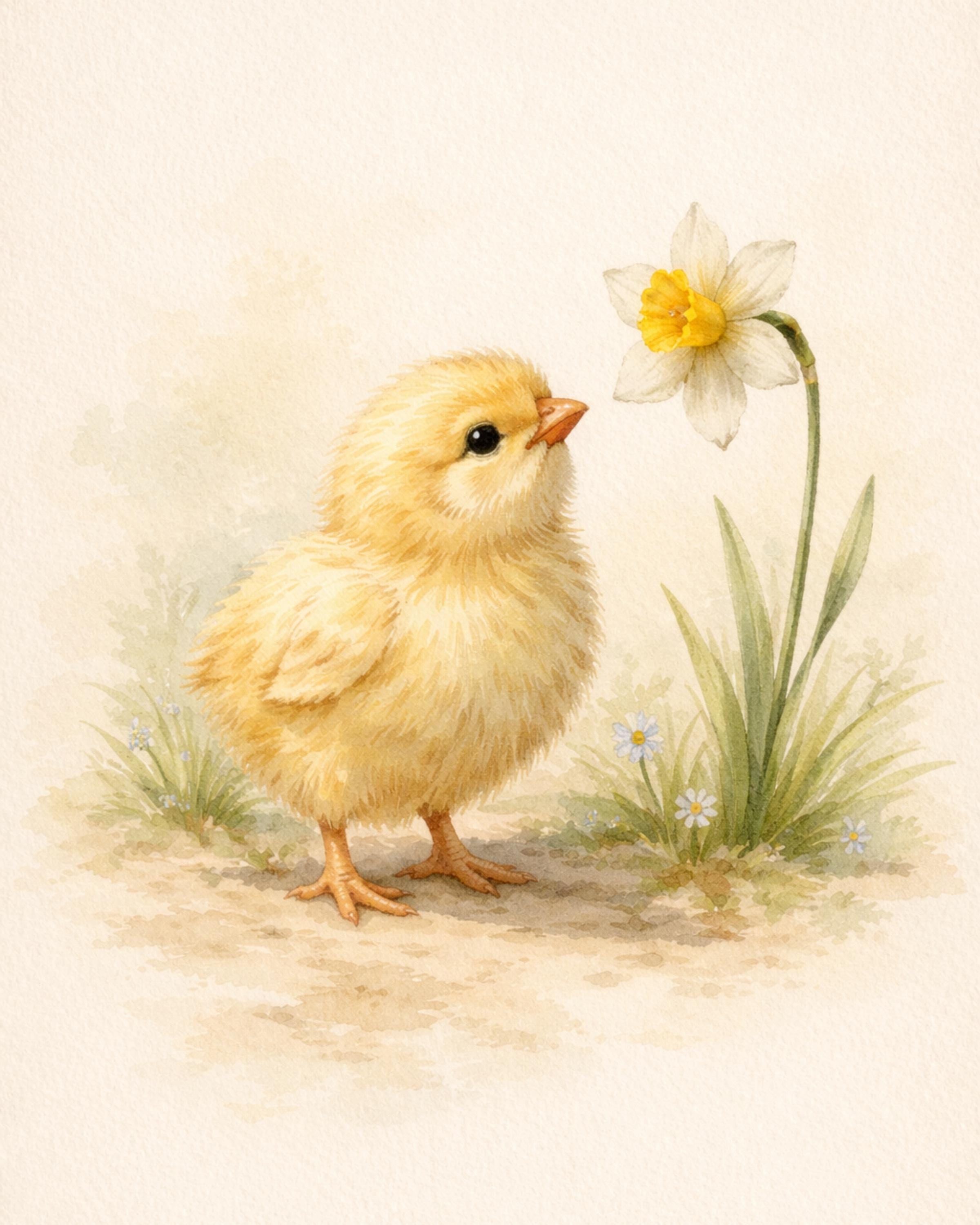 Vintage Spring Chick With Daffodil Wall Art – Nursery Printable, Single ...