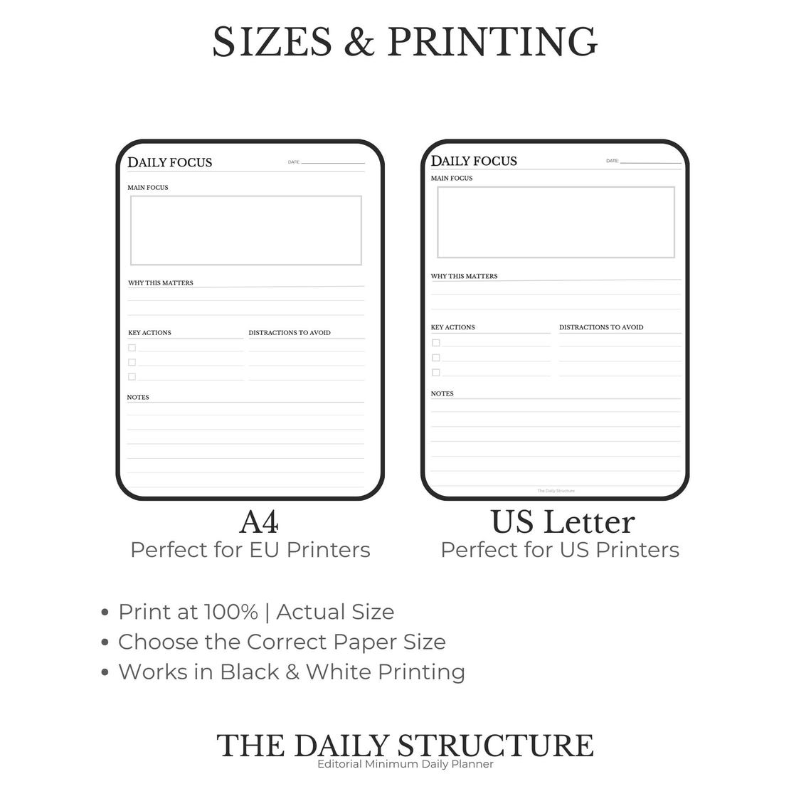 Minimalist Daily Planner Printable | Editorial Style Focus Sheet | Work ...