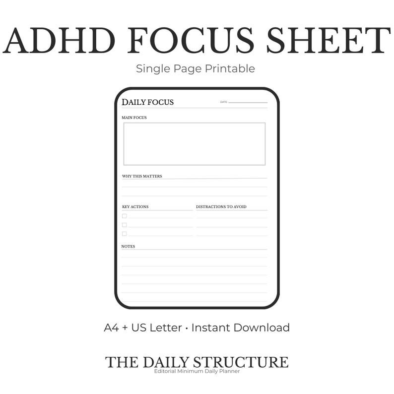 Editorial Style Daily Focus Sheet | Minimalist Planner (PDF Download A4 ...
