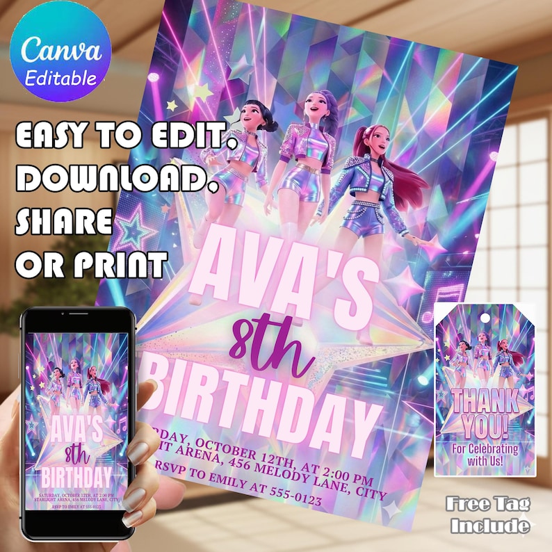 K-pop Demon Hunters Kids Birthday Invitation | Kpop Anime Invite ...